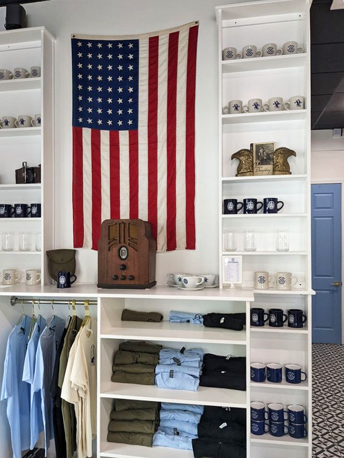 The merchandise wall with vintage radio and American flag &ndash; nostalgia meets modern branding in a display that makes you want souvenirs.