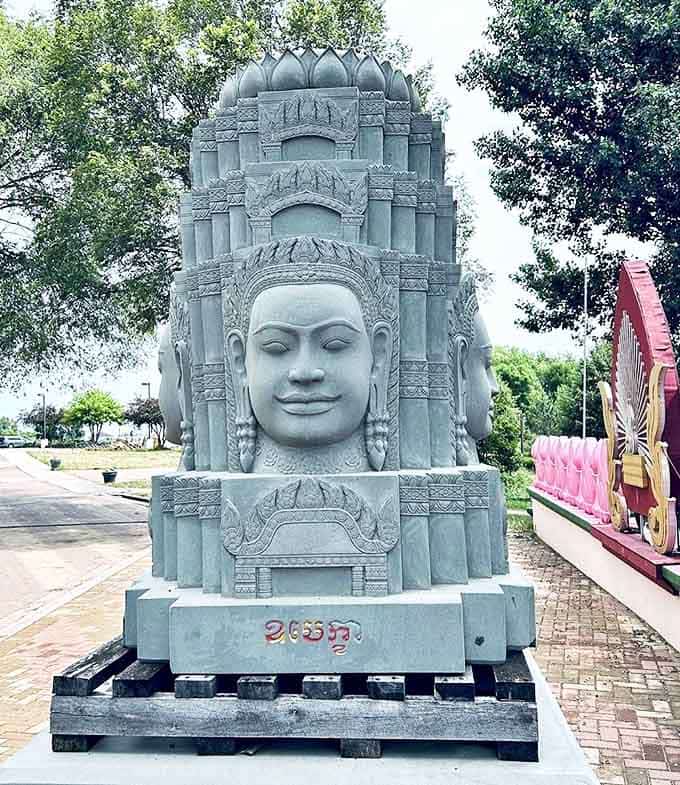 This multi-faced stone sculpture watches in all directions &ndash; the ultimate spiritual security system with expressions that somehow manage to be both imposing and serene.