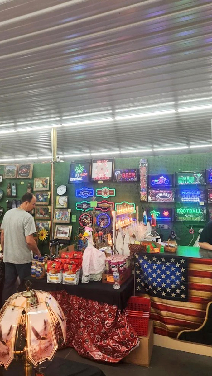 Neon signs cast a colorful glow across the marketplace &ndash; adding a touch of retro cool to any home bar or game room.