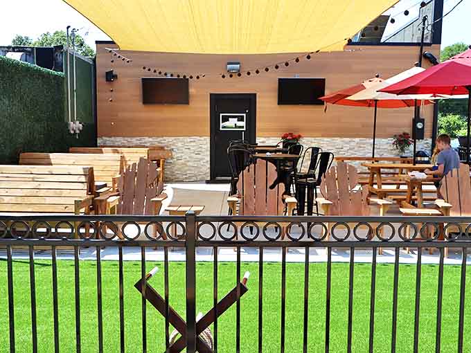 The outdoor patio provides a sunny escape for enjoying burgers and beers al fresco, with comfortable seating and a relaxed vibe.