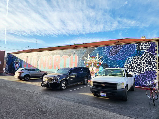 Even the parking lot continues the artistic theme, with a sprawling mural that makes finding your car after "just one more game" easier.