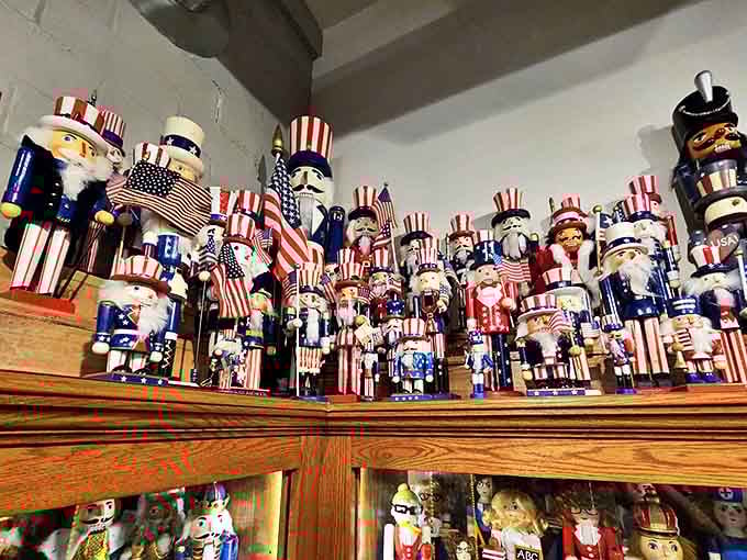 These patriotic nutcrackers wave tiny flags and sport stars and stripes, celebrating American spirit in miniature wooden form.