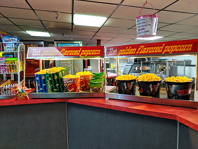 "Hot golden flavored popcorn" &ndash; the sign promises exactly what your nose already detected from the parking lot.