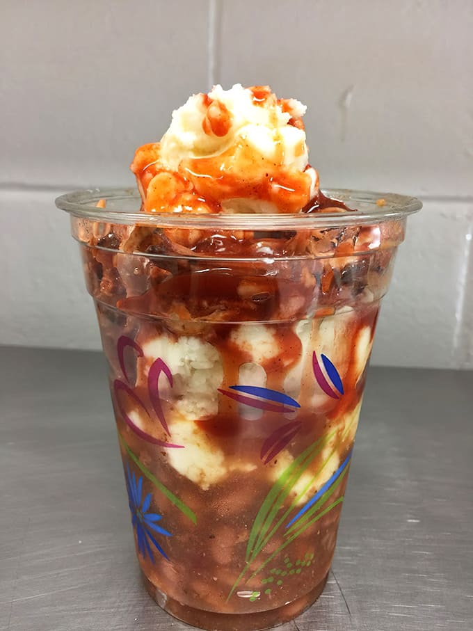 The pulled pork sundae is exactly as wild and wonderful as it sounds, layers of flavor in every spoonful.