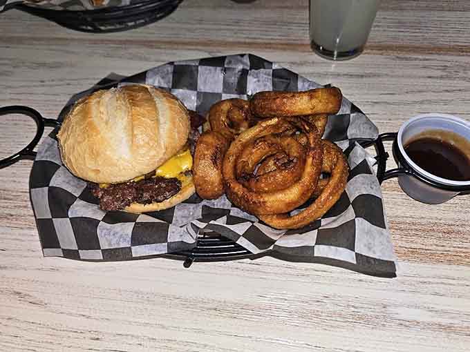 The Ron Bourbondy Burger arrives ready for its close-up, with bourbon sauce and applewood bacon playing delicious supporting roles.