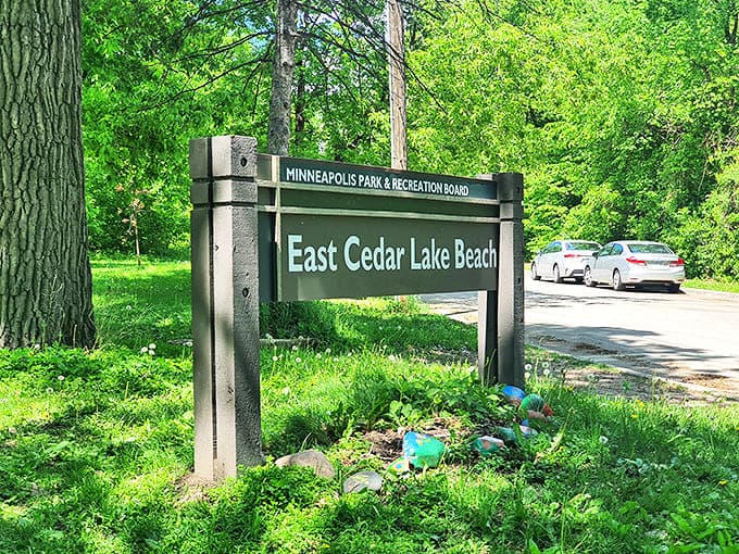 The sign might say East Cedar Lake Beach, but locals know it as "Hidden Beach" &ndash; the entrance to Minneapolis's worst-kept secret paradise.