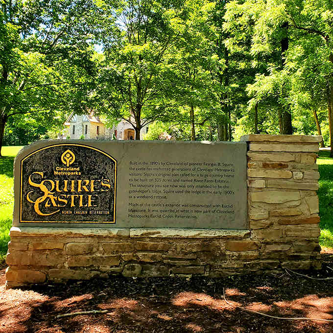 A Historic Welcome: Your arrival at the grounds is marked by this stone monument, sharing the story of the visionary who built this.