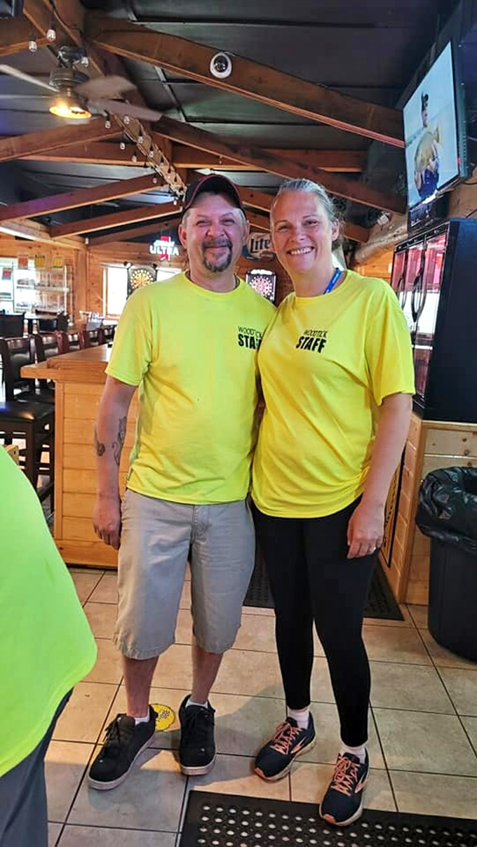 Staff members sport bright yellow shirts, making them easy to spot when you're ready for another round.