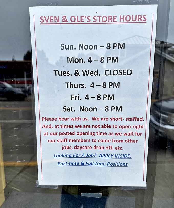 The charmingly honest hours sign acknowledges the human side of small-town business &ndash; daycare drop-offs sometimes take priority over prompt openings.
