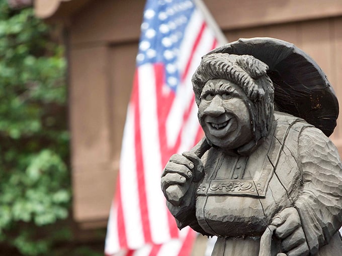 This metal troll sculpture proves the town's mascots come in all materials and attitudes, this one particularly grumpy despite his festive hat.