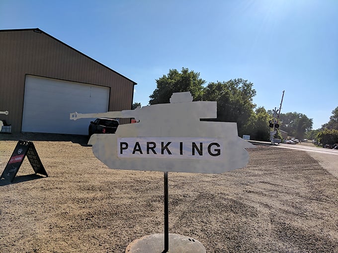 Tank parking only: Even the signage embraces the military theme, with this clever tank-shaped marker directing visitors where to leave their vehicles.