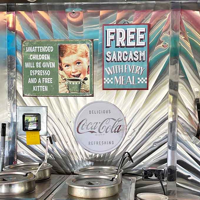 The wall decorations offer a side of humor with your meal &ndash; where else can you get free sarcasm and warnings about unattended children?