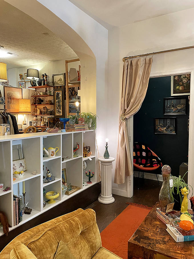 The interior blends elegant chandeliers with curated vintage collections, creating distinct spaces within the shop that each tell their own aesthetic story and invite exploration.