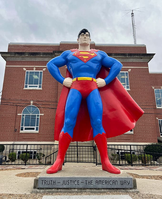 The 15-foot Superman statue outside stands as Metropolis's guardian, striking the classic hero pose that has inspired countless Halloween costumes and daydreams.