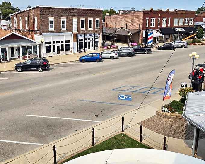 A bird's-eye view of Casey's charming main street, as seen from inside the world's largest mailbox &ndash; small-town America framed perfectly.