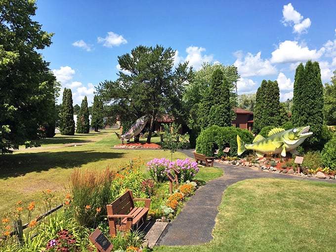 Colorful gardens and well-maintained paths guide visitors through the 4-acre complex dedicated to freshwater fishing heritage.
