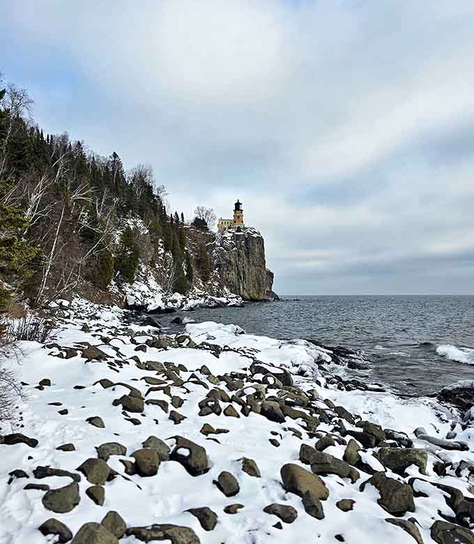 Winter transforms Split Rock into a snow globe come to life, where the lighthouse stands defiant against Minnesota's frosty embrace.