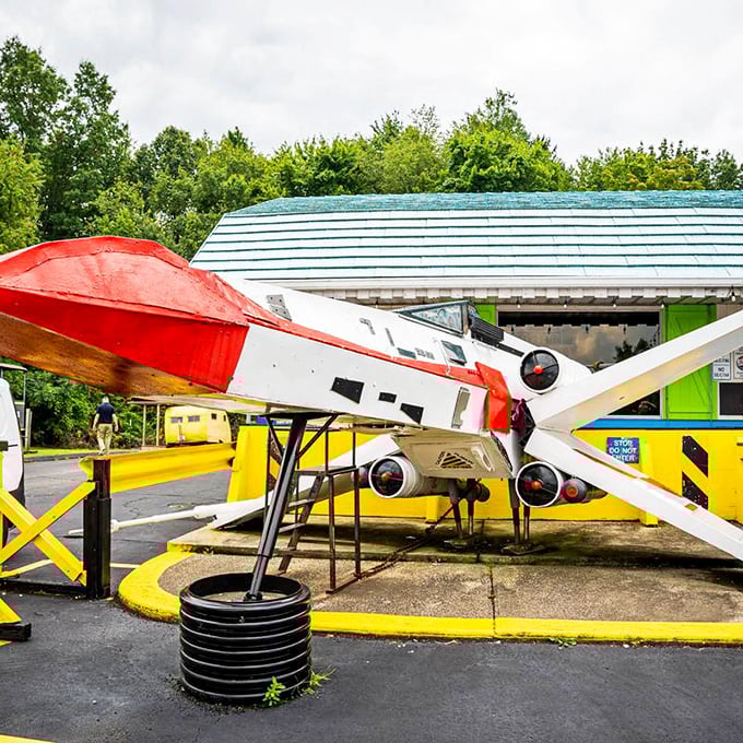 A fighter jet guards the entrance &ndash; because normal restaurant decorations are for places that serve normal-sized portions.