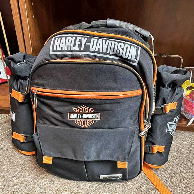 This Harley-Davidson backpack represents the market's diverse inventory, where motorcycle gear sits comfortably alongside grandma's china and vintage toys galore.