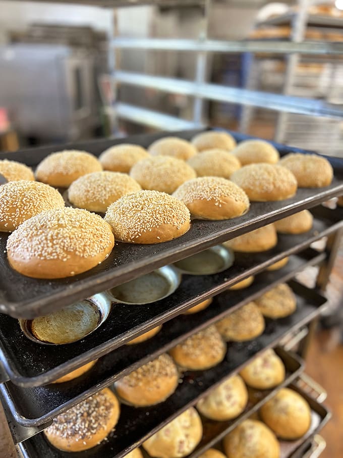 Fresh sesame seed buns cooling on racks, because apparently making the best donuts in town wasn't enough and they had to conquer bread too.