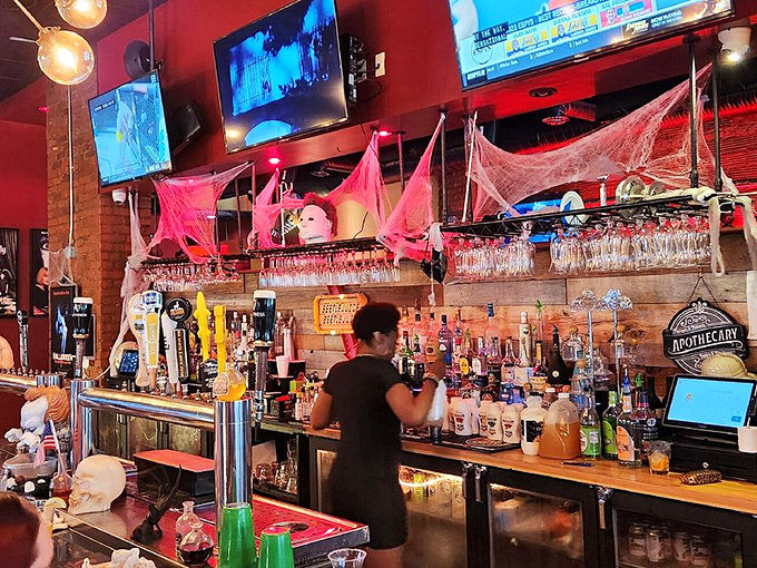 The bar comes alive with spooky details and horror-themed decorations that transform cocktail hour into a celebration of all things frightful.