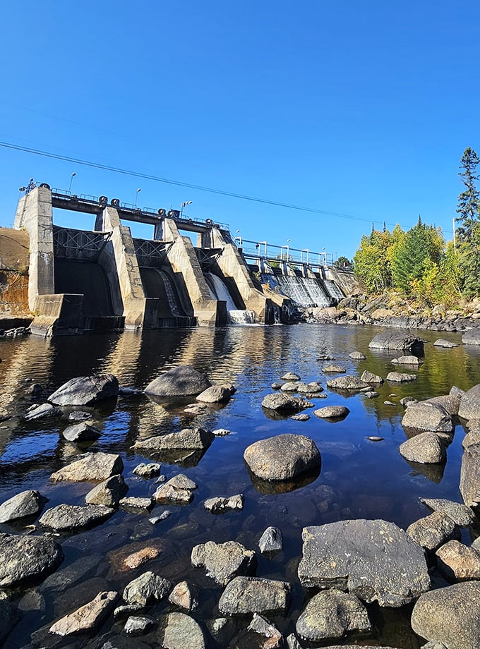 The historic red building stands as a testament to the area's industrial past, where water power once fueled northern Minnesota's economy.