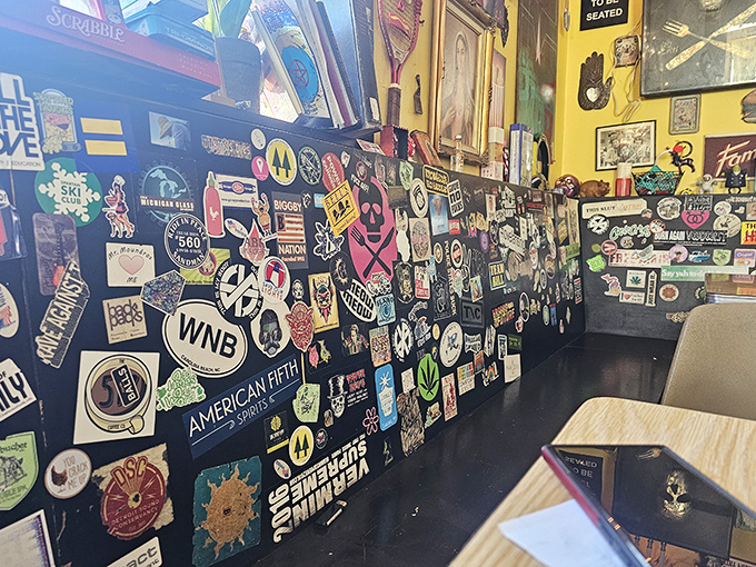 A sticker collection that would make any teenager jealous – years of personality plastered onto every available surface.