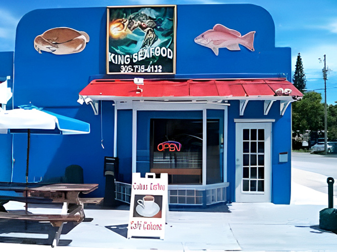 The welcoming doorway to seafood paradise, where Cuban coffee and fresh catches await just steps from the Florida sunshine.
