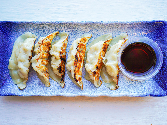 Perfectly crisp potstickers lined up like soldiers, their golden-brown bottoms and tender tops creating the perfect textural contrast in every bite.