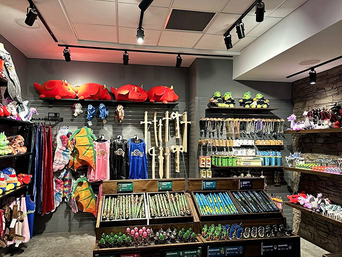 The gift shop's colorful array of souvenirs stands ready to transform your vacation memories into tangible items that will eventually need dusting.