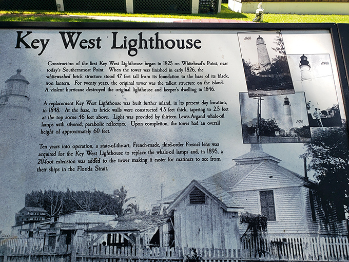 This informational display reveals the lighthouse's remarkable journey through time, surviving hurricanes and witnessing Key West's evolution.