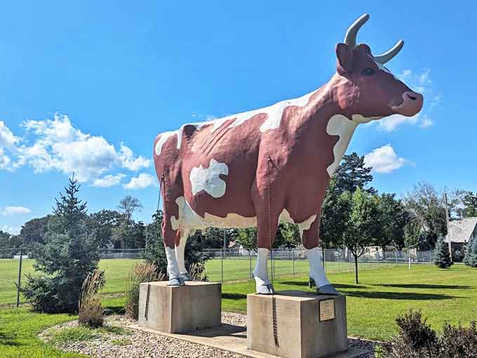 Against a brilliant blue sky, Buffy stands regally on her concrete pedestals, her reddish coat gleaming in the summer sunshine.