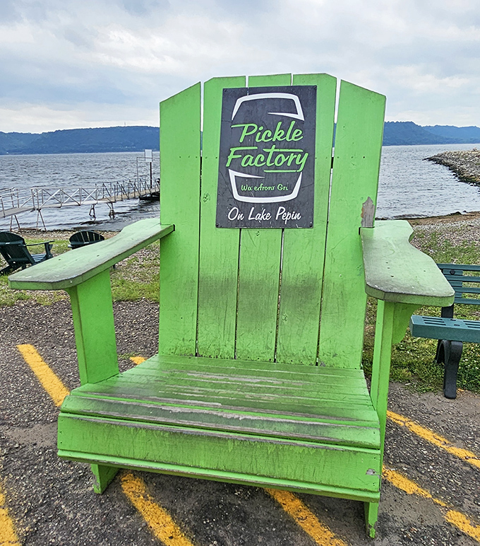 The iconic green chair outside invites Instagram moments and serves as a beacon to pickle pilgrims seeking their tangy temple.