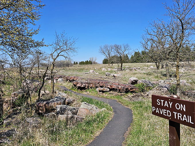Paved trail winds through prairie rocks and budding trees, inviting visitors to stroll, explore, and relax outdoors.