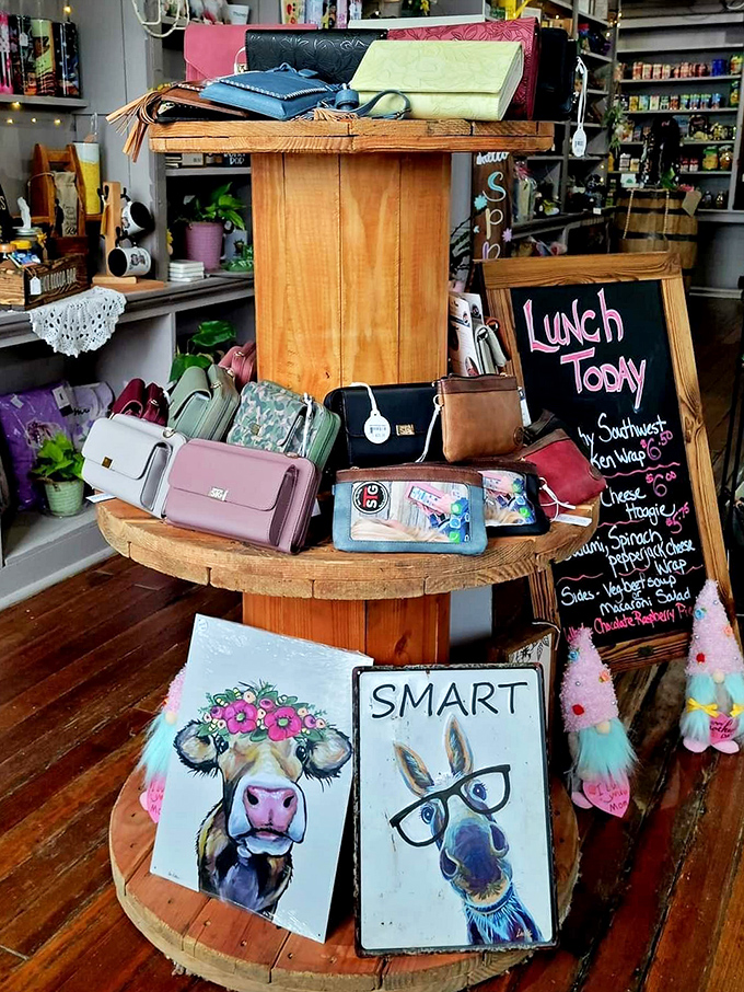 The purse display offers a rainbow of options arranged with the casual elegance that comes from prioritizing the merchandise over the marketing.