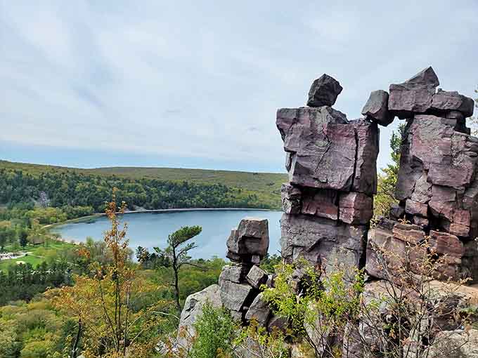 Nature's sculpture garden: These dramatic rock formations overlooking a serene lake showcase the North Shore's ancient geological history.