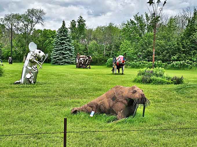 The sculpture park transforms with the seasons, each metal creature taking on new personality against changing backdrops of Minnesota's natural beauty.