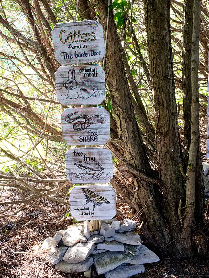 This woodland sign catalogs local wildlife residents &ndash; a reminder that The Garden Door hosts more than just plant life in its thriving ecosystem.