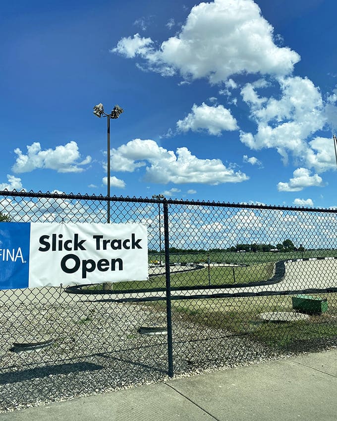 The slick track offers racing action even when weather won't cooperate, because speed addiction doesn't respect meteorological conditions.