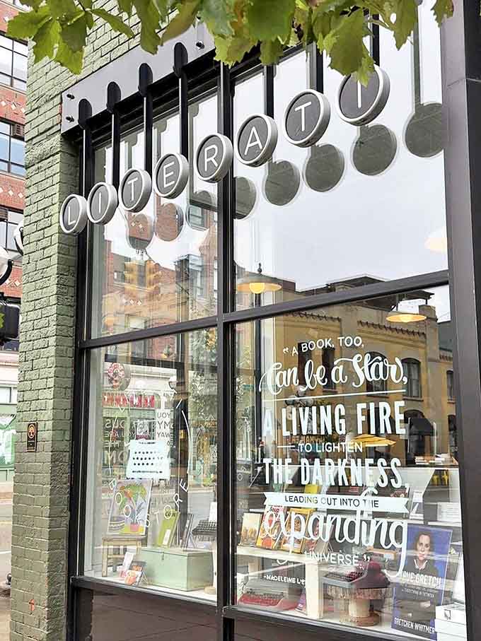 The storefront window features an inspiring quote about books being stars, setting literary expectations sky-high before you even enter.