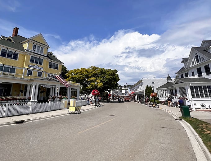 Main Street stretches before the Windermere, offering a car-free paradise where bicycles and horses set the pace of island life.