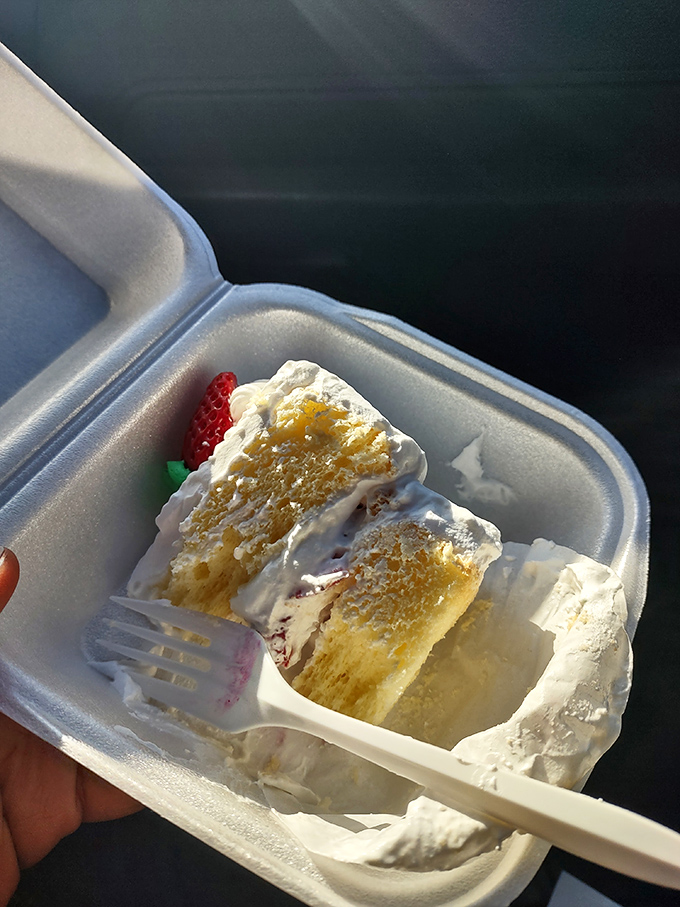 Even in a to-go container, the strawberry cake maintains its allure &ndash; a portable slice of joy ready to brighten someone's day.