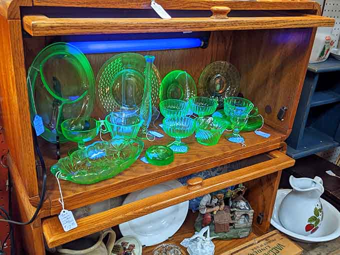 Uranium glass glows with otherworldly green energy, adding a touch of scientific mystery to grandmother's dinner table.