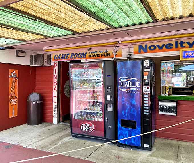 The vintage game room and vending machines offer classic refreshments and entertainment, perfect for cooling down between heated putting competitions.