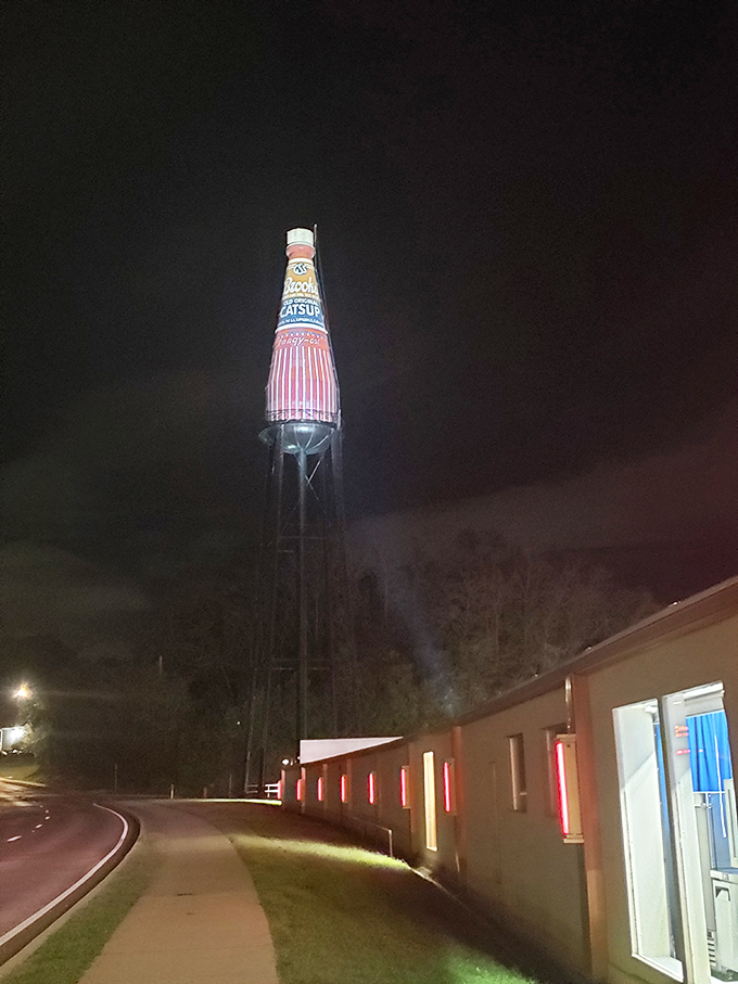 The evening light transforms the bottle into a glowing beacon of Americana, visible for miles across the Illinois countryside.