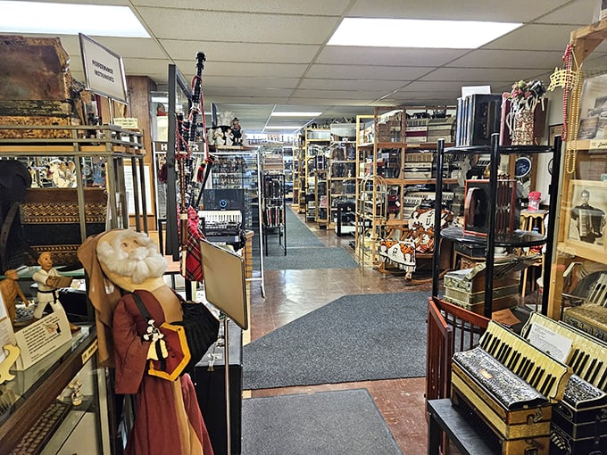 This cozy aisle of vintage treasures warmly invites curious visitors to wander through history and hidden gems.