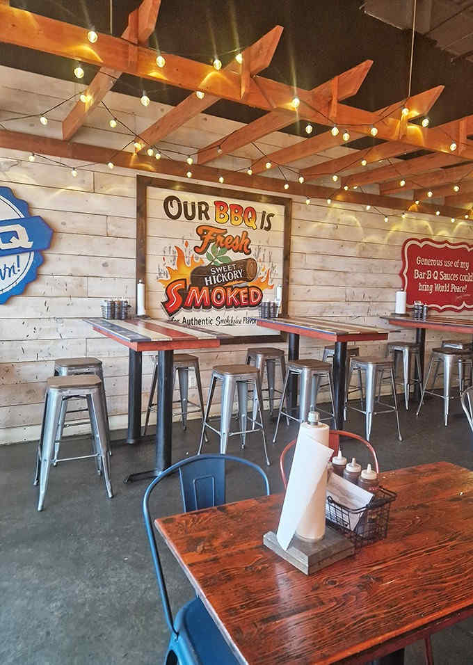 String lights and wooden accents create a casual atmosphere where the food, not the decor, rightfully remains the star attraction.