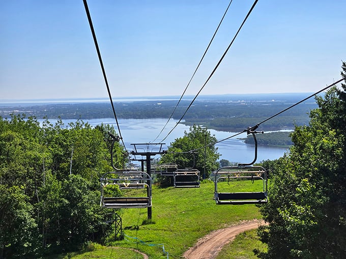The chairlift carries visitors up Spirit Mountain's slopes, offering a peaceful ascent with panoramic views that contrast beautifully with the coaster's rush.