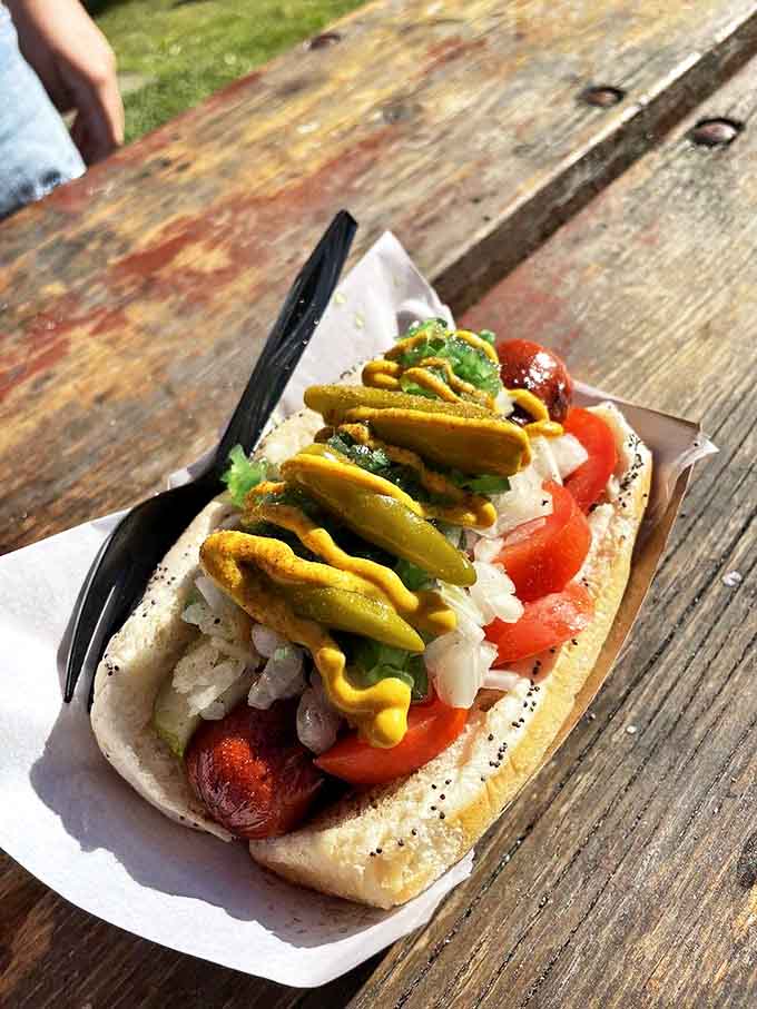 A Chicago-style hot dog in all its glory &ndash; loaded with the traditional "garden on a bun" and nestled beside a frosty root beer.