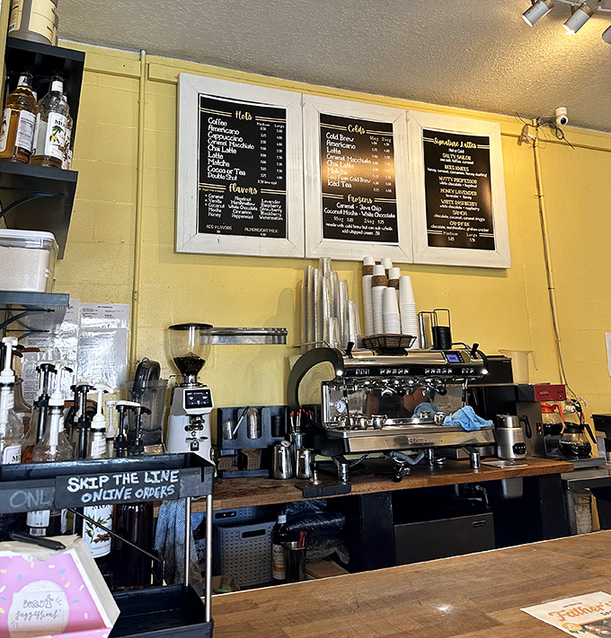 Behind this coffee station, morning magic happens&mdash;where baristas transform simple beans into liquid motivation for your beach day.